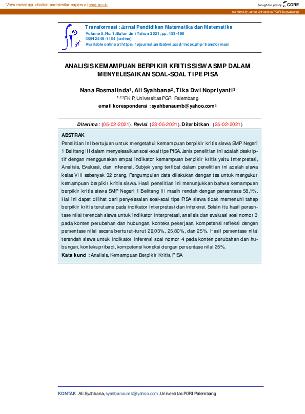 (PDF) Analisis Kemampuan Berpikir Kritis Siswa SMP dalam Menyelesaikan Soal HOTS Sistem ...