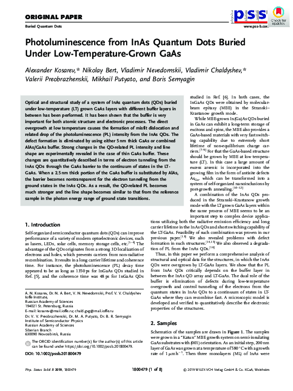 (PDF) Photoluminescence from InAs Quantum Dots Buried Under Low ...