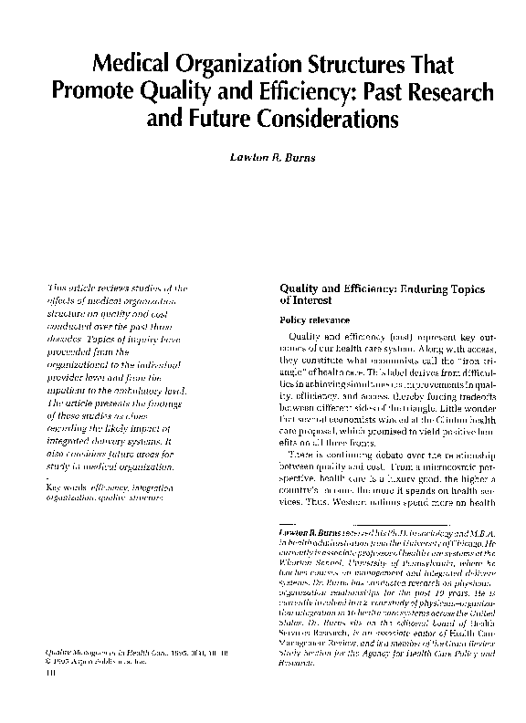 (PDF) Medical Organization Structures That Promote Quality and Efficiency