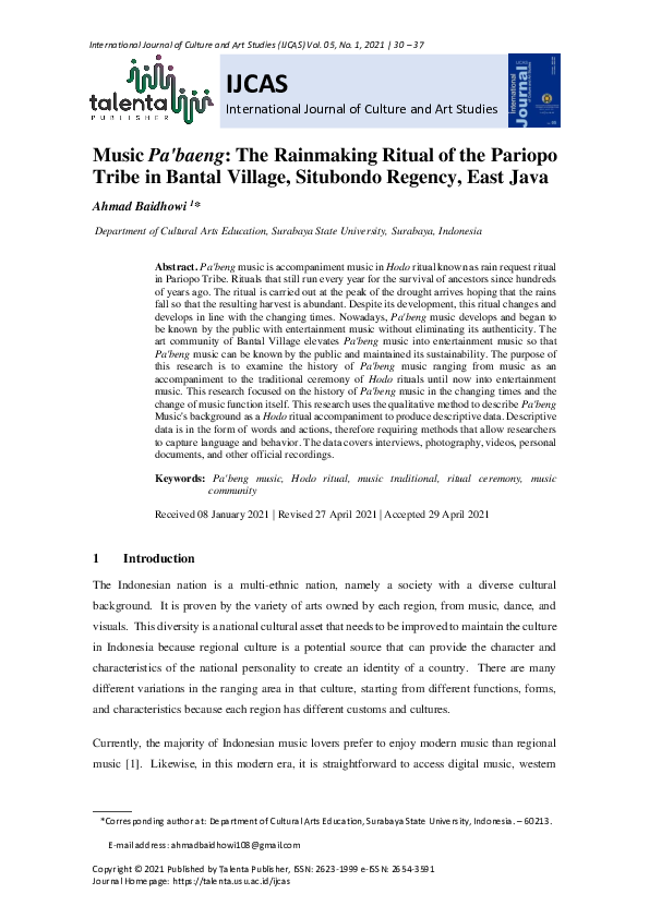 (PDF) Music Pa'baeng: The Rainmaking Ritual of the Pariopo Tribe in ...