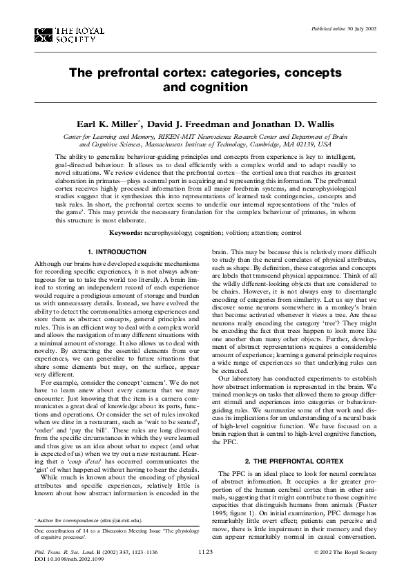 Pdf The Prefrontal Cortex Categories Concepts And Cognition