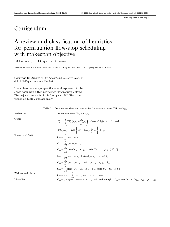 Pdf Heuristics For Permutation Flow Stop Scheduling