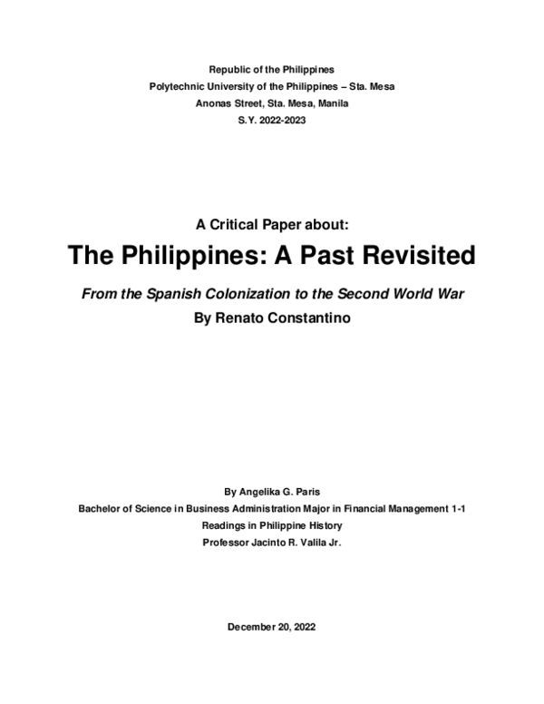 (PDF) A Critical Paper about The Philippines: A Past Revisited by Renato Constantino (Written by ...