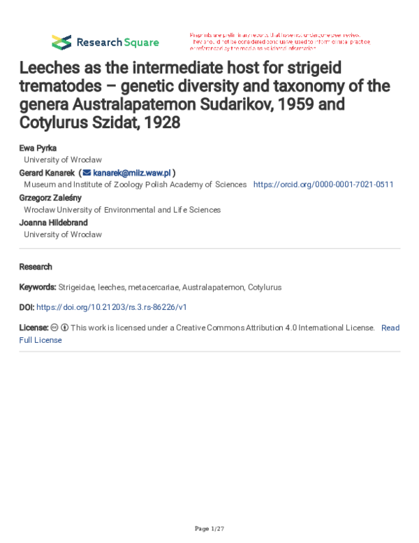(PDF) Leeches as the intermediate host for strigeid trematodes ...