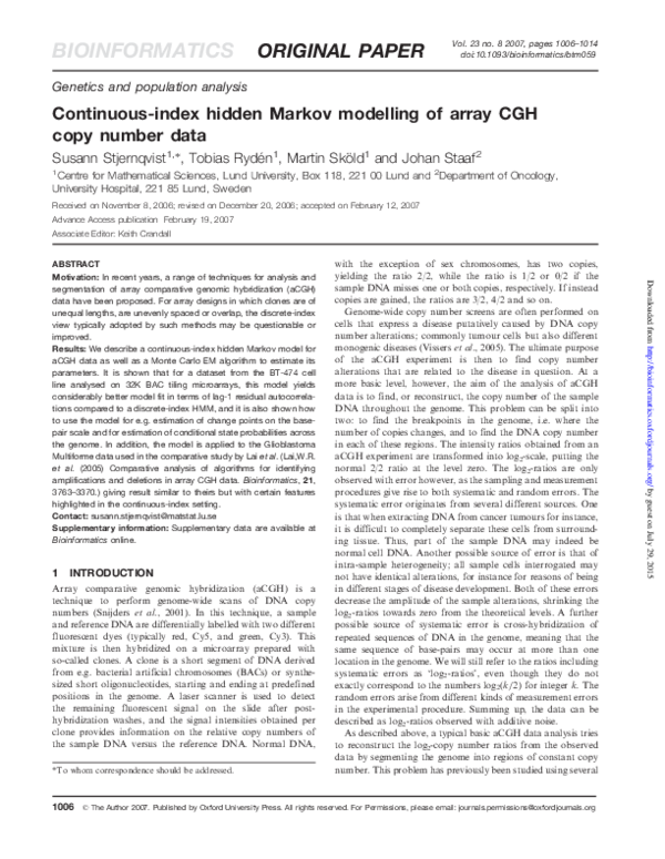 Pdf Continuous Index Hidden Markov Modelling Of Array Cgh Copy Number Data