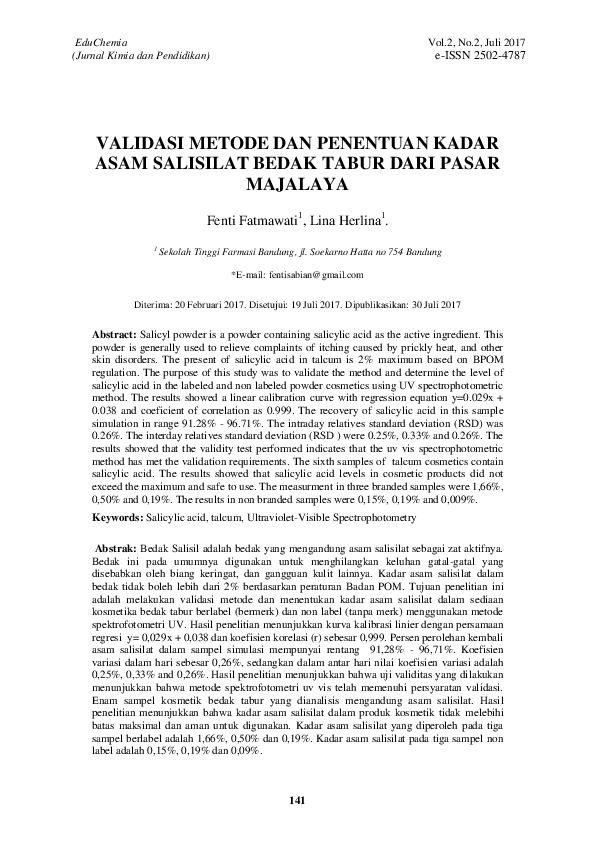 (PDF) Validasi Metode dan Penentuan Kadar Asam Salisilat Bedak Tabur ...