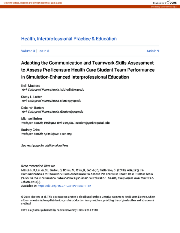 (PDF) Adapting the Communication and Teamwork Skills Assessment to Assess Pre-licensure Health ...