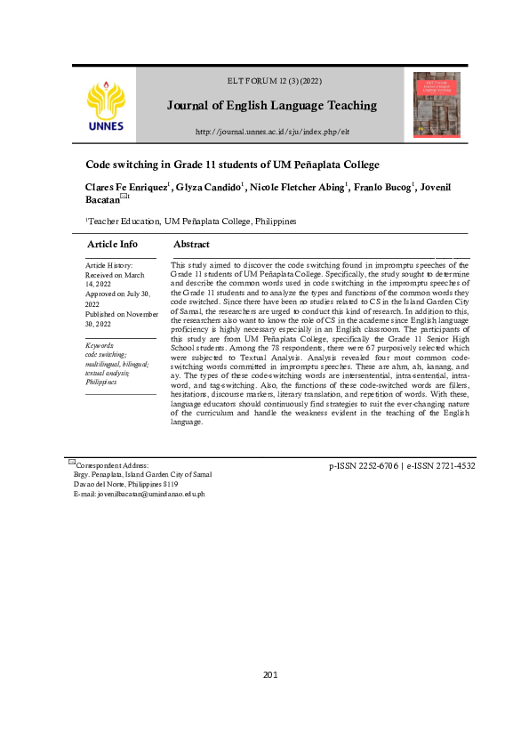 (PDF) Code switching in Grade 11 students of UM Peñaplata College