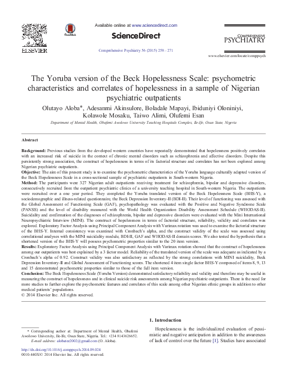 (PDF) The Yoruba version of the Beck Hopelessness Scale: psychometric ...