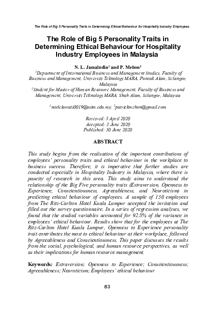 (PDF) The Role of Big 5 Personality Traits in Determining Ethical Behaviour for Hospitality ...