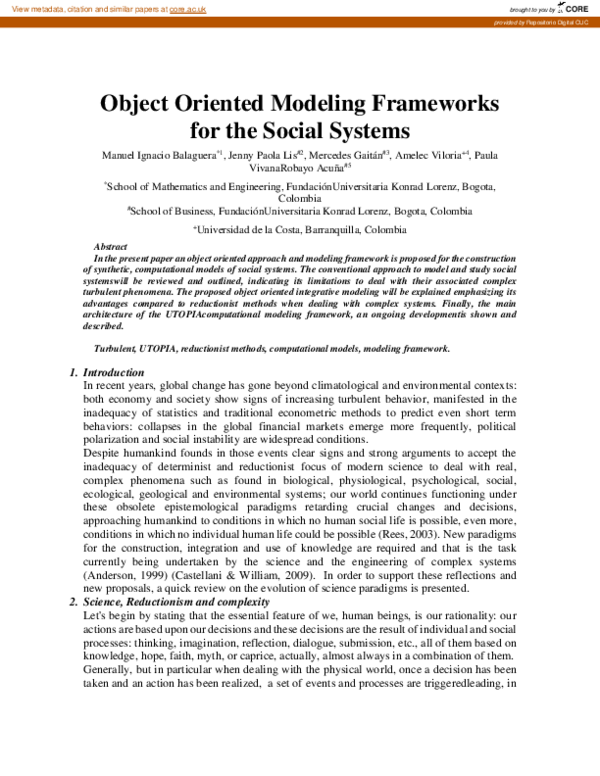 Pdf Object Oriented Modeling Frameworks For The Social Systems