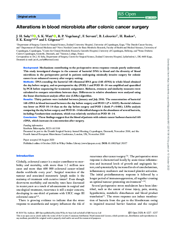 (PDF) Alterations in blood microbiota after colonic cancer surgery