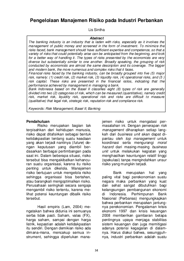 Pdf Pengelolaan Manajemen Risiko Pada Industri Perbankan