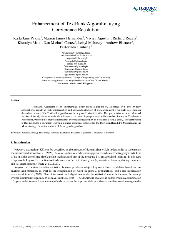 (PDF) Enhancement of TextRank Algorithm using Coreference Resolution