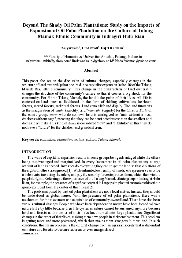 (PDF) Beyond The Shady Oil Palm Plantations: Study on the Impacts of Expansion of Oil Palm ...