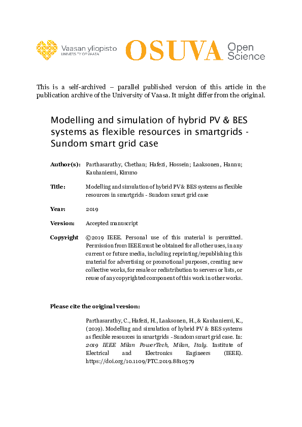 Pdf Modelling And Simulation Of Hybrid Pv And Bes Systems As Flexible Resources In Smartgrids