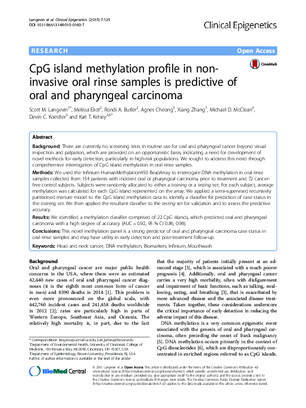 (PDF) CpG island methylation profile in non-invasive oral rinse samples ...