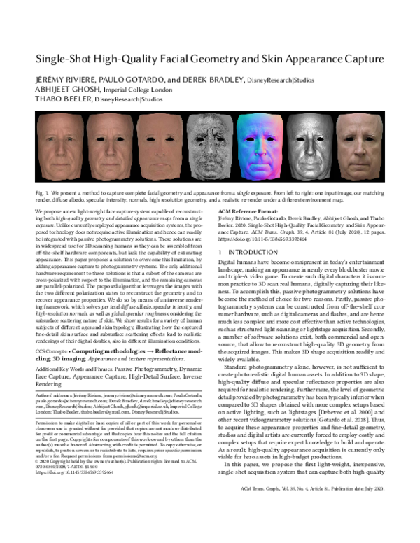 (PDF) Single-shot high-quality facial geometry and skin appearance capture