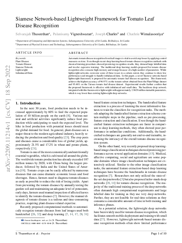 (PDF) Siamese Network-based Lightweight Framework for Tomato Leaf Disease Recognition
