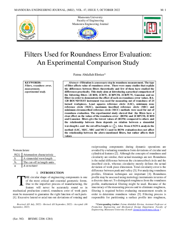 (PDF) Filters Used for Roundness Error Evaluation: An Experimental Comparison Study