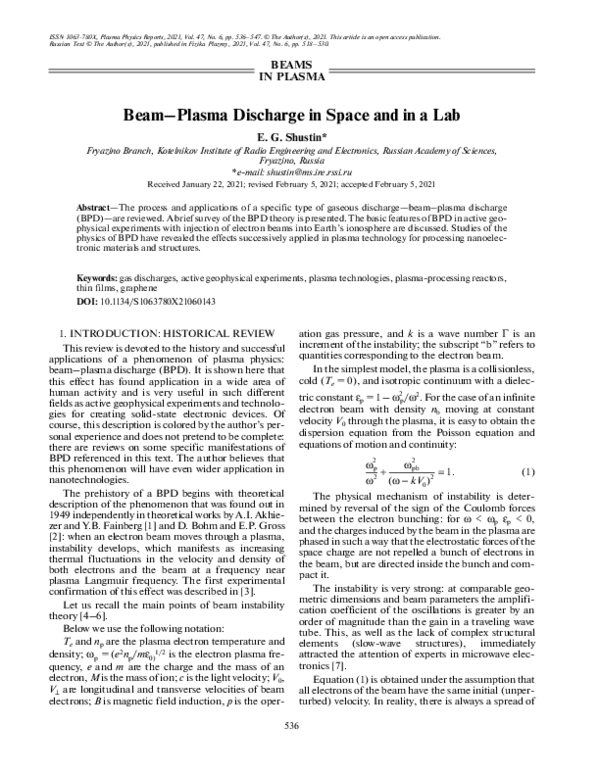 (PDF) Beam–Plasma Discharge in Space and in a Lab