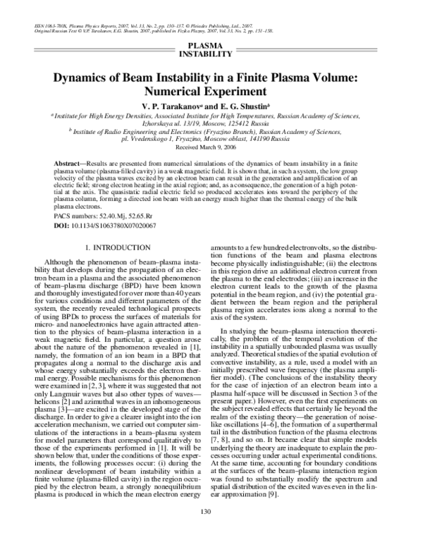 (PDF) Dynamics of beam instability in a finite plasma volume: Numerical ...