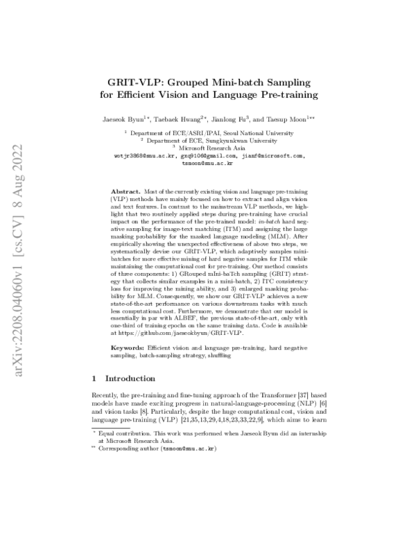 (PDF) GRIT-VLP: Grouped Mini-batch Sampling for Efficient Vision and Language Pre-training
