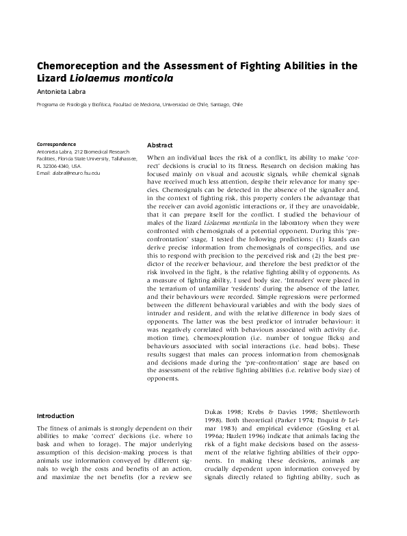 (PDF) Chemoreception and the Assessment of Fighting Abilities in the ...