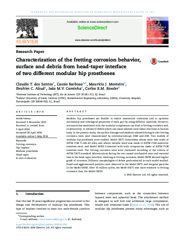 Pdf Characterization Of The Fretting Corrosion Behavior Surface And