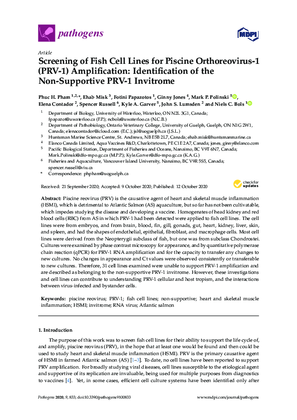 Screening of Fish Cell Lines for Piscine Orthoreovirus-1 (PRV-1 ...