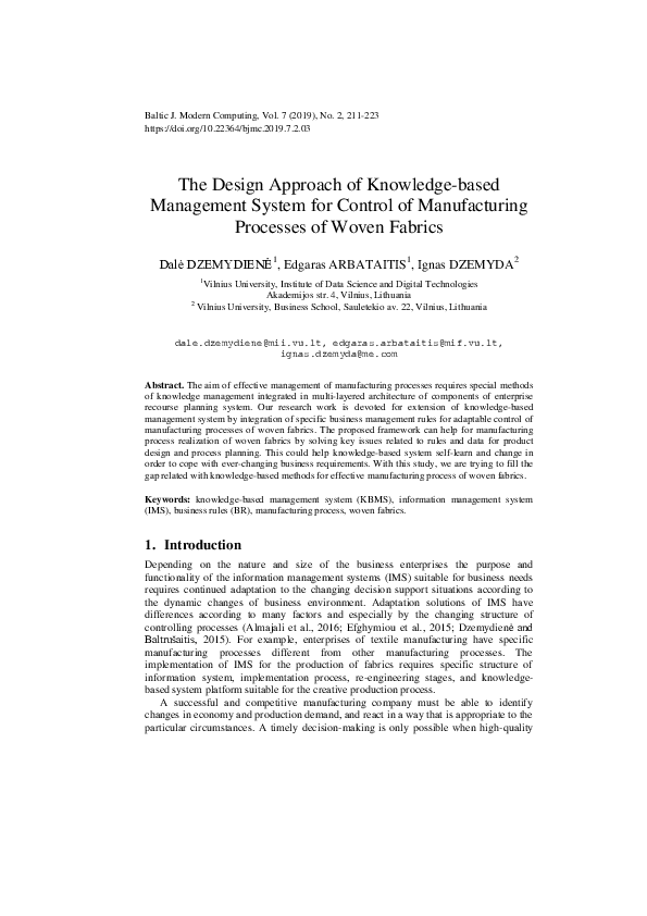 (PDF) The Design Approach of Knowledge-based Management System for Control of Manufacturing ...