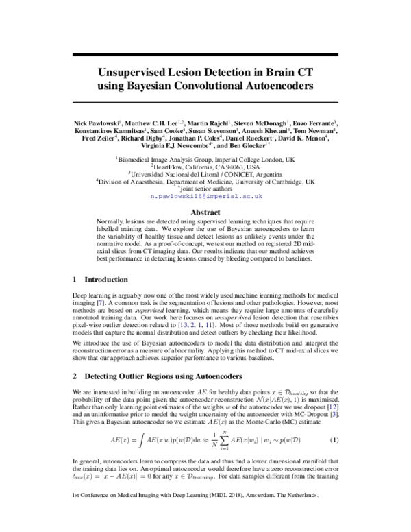 (PDF) Unsupervised Lesion Detection in Brain CT using Bayesian Convolutional Autoencoders