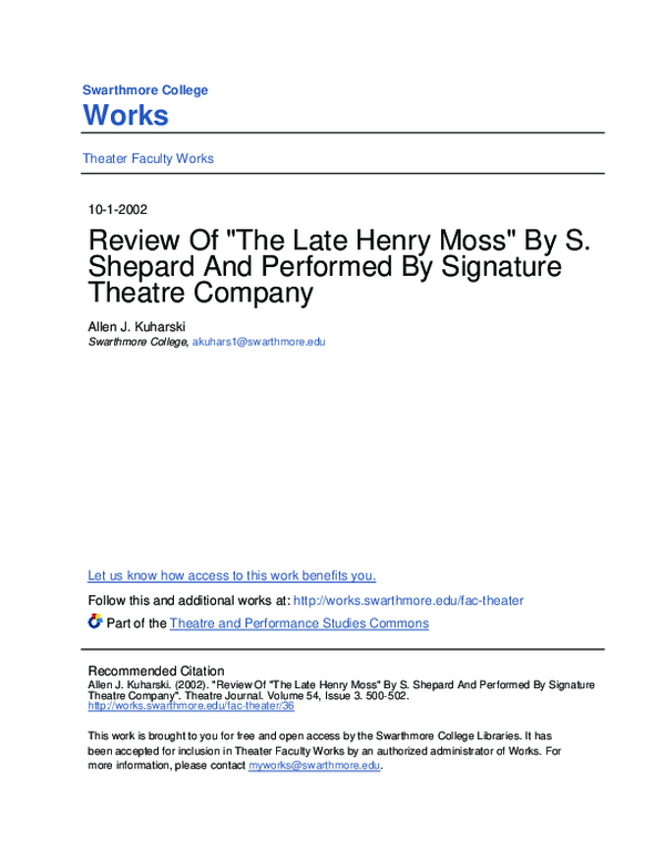 (PDF) Review Of The Late Henry Moss By S. Shepard And Performed By ...