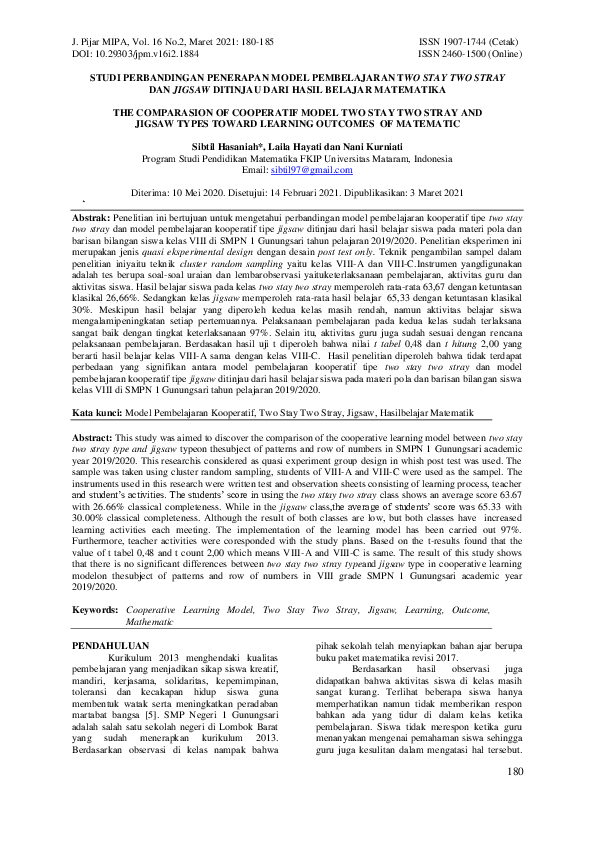 (PDF) Studi Perbandingan Penerapan Model Pembelajaran Two Stay Two Stray dan Jigsaw Ditinjau ...