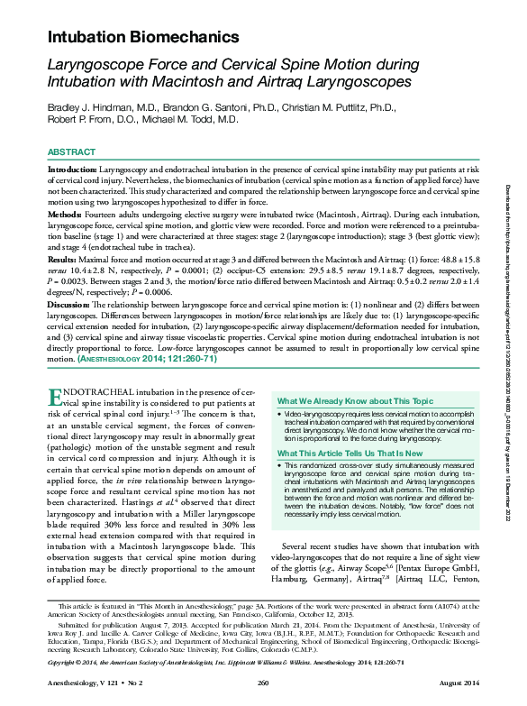 (PDF) Intubation biomechanics: laryngoscope force and cervical spine ...