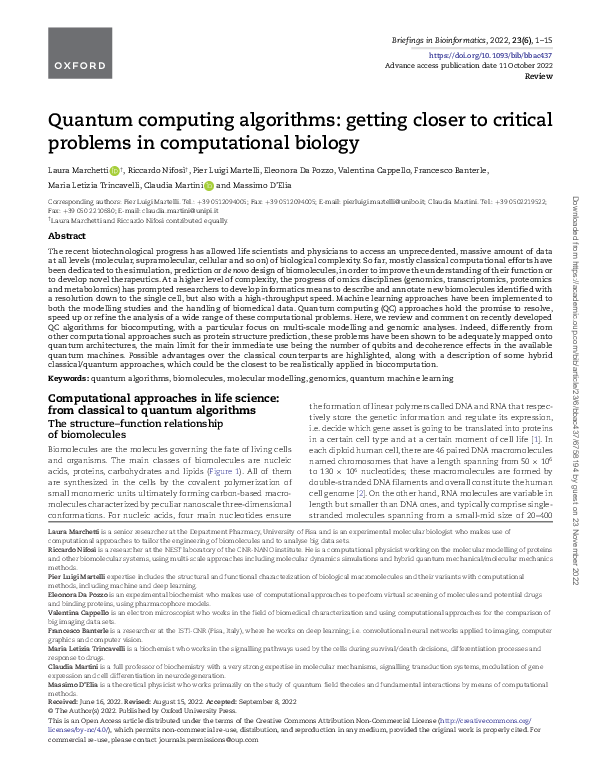 Pdf Quantum Computing Algorithms Getting Closer To Critical Problems In Computational Biology