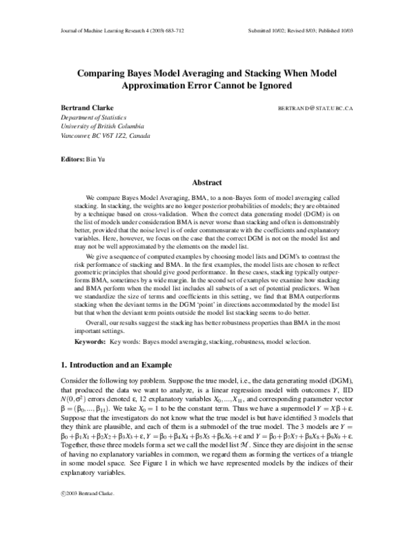 (PDF) Comparing Bayes model averaging and stacking when model approximation error cannot be ignored