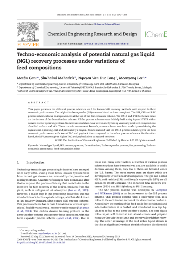 (PDF) Techno-economic analysis of potential natural gas liquid (NGL) recovery processes under ...