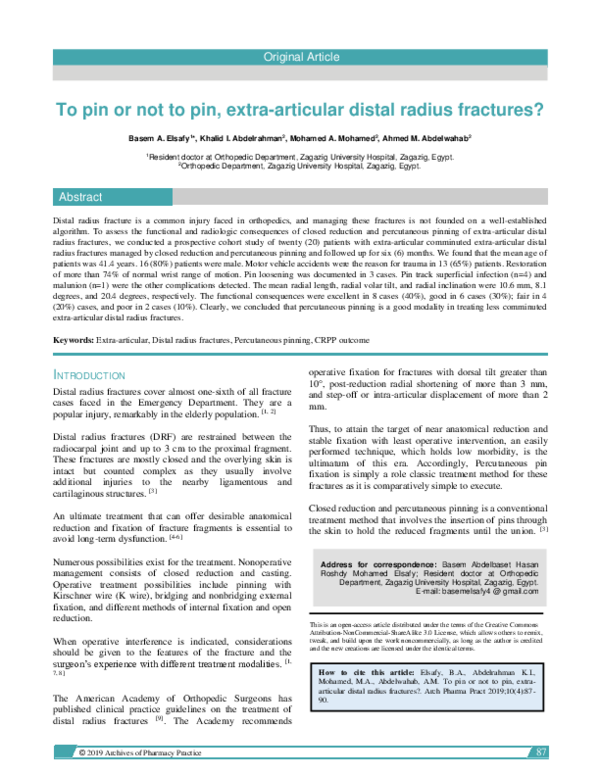 (PDF) To pin or not to pin, extra-articular distal radius fractures?