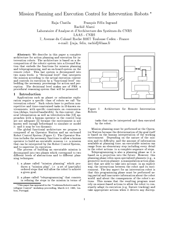 (PDF) Mission planning and execution control for intervention robots