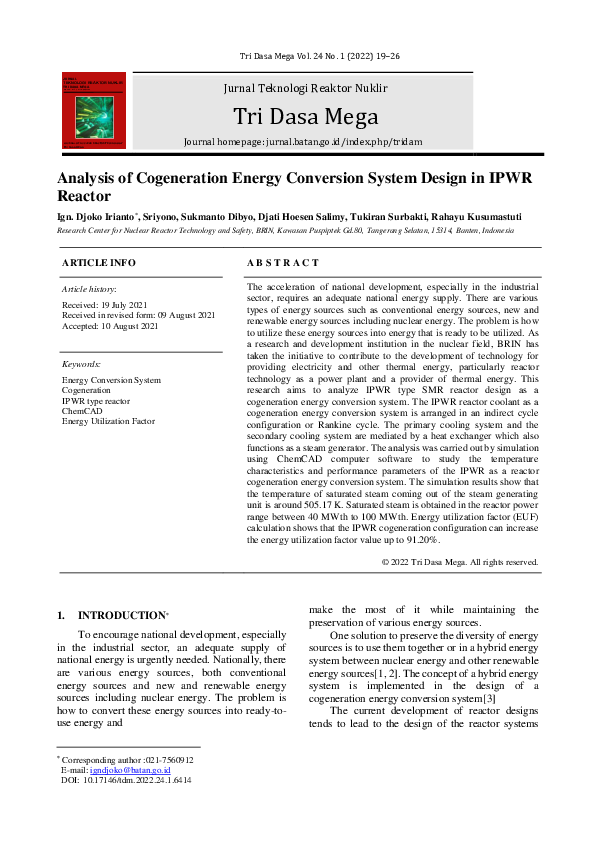 (PDF) Analysis of Cogeneration Energy Conversion System Design in Ipwr ...