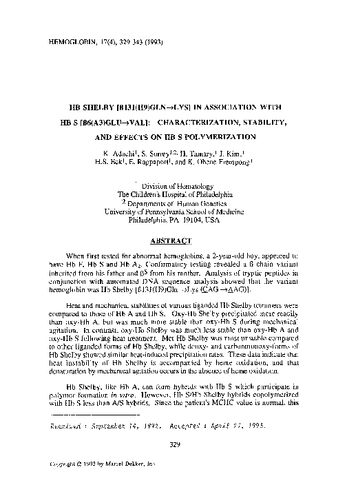 (PDF) HB Shelby [β131(H9)GLN→LYS] in Association with HB S [β6(A3)GLU→ ...