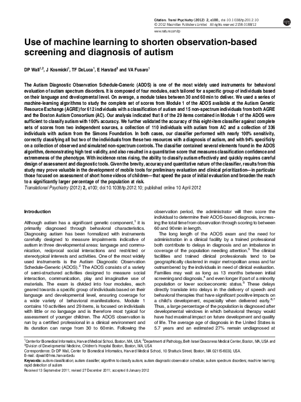 (PDF) Use of machine learning to shorten observation-based screening ...