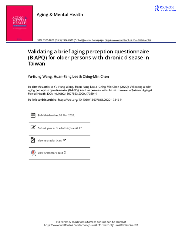 (PDF) Validating a brief aging perception questionnaire (B-APQ) for ...