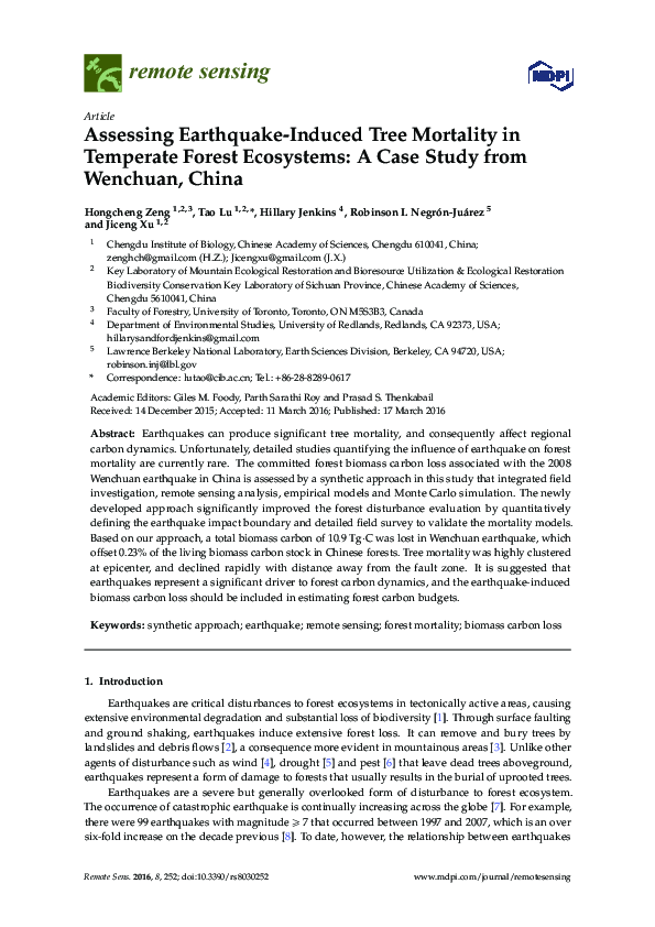 (PDF) Assessing Earthquake-Induced Tree Mortality in Temperate Forest ...