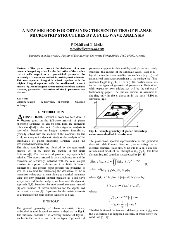 (PDF) A New Method for Obtaining the Sentivities of Planar Microstrip Structures by a Full-Wave ...