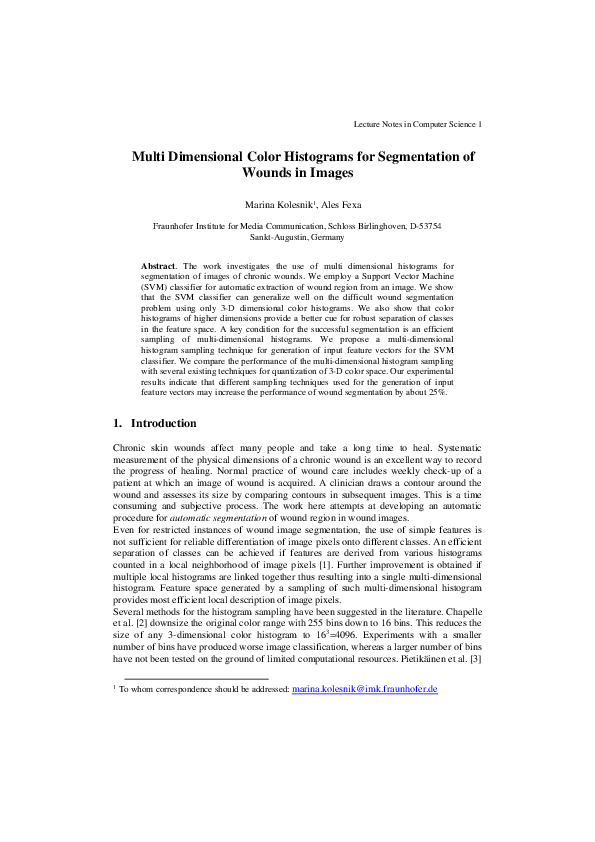 (PDF) Multi-dimensional Color Histograms for Segmentation of Wounds in Images