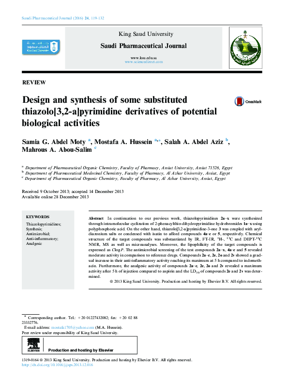 (PDF) Design and synthesis of some substituted thiazolo[3,2-a]pyrimidine derivatives of ...