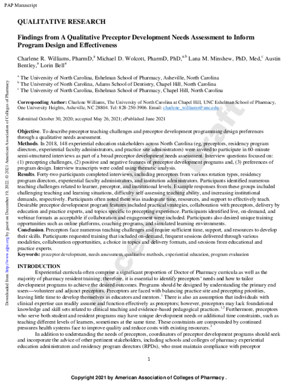 (PDF) A Qualitative Preceptor Development Needs Assessment to Inform ...