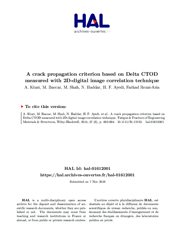 Pdf A Crack Propagation Criterion Based On Δctod Measured With 2d Digital Image Correlation